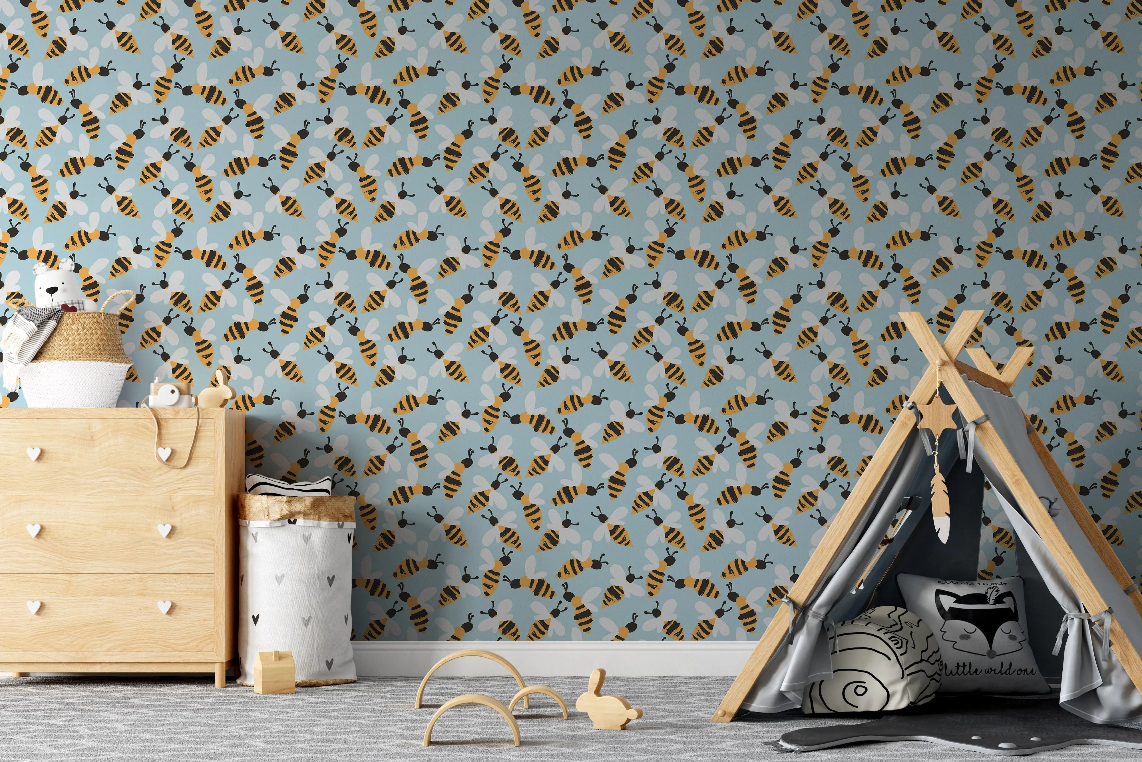 Buzzy Bee On Blue - Peel and Stick Removable Wallpaper - I Heart Wall ...